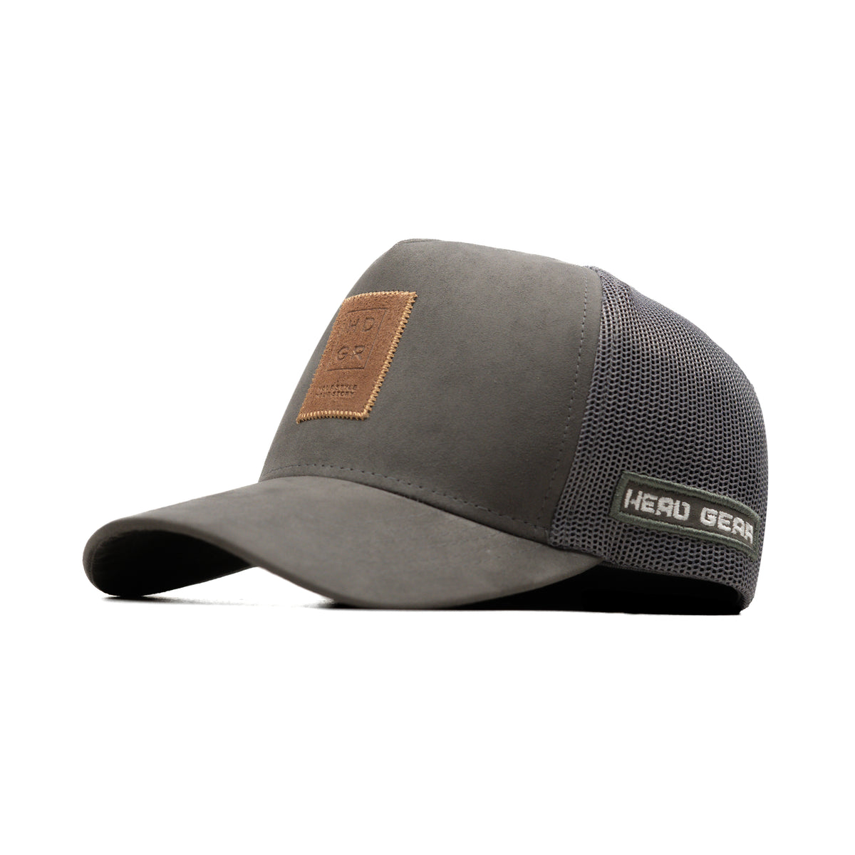 HEAD GEAR GREY TRUCKER LEATHER PATCH CAP – Head Gear